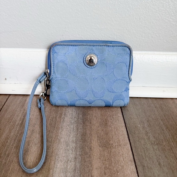 Bags | Coach Monogram Mini Wristlet Wallet Baby Blue | Poshmark